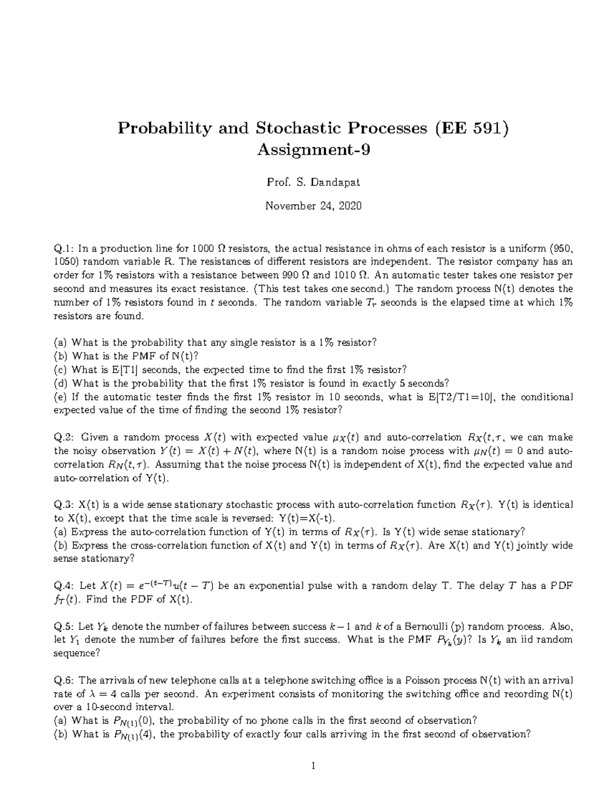 Assignment 9 20 - Probability and Stochastic Processes (EE 591 ...