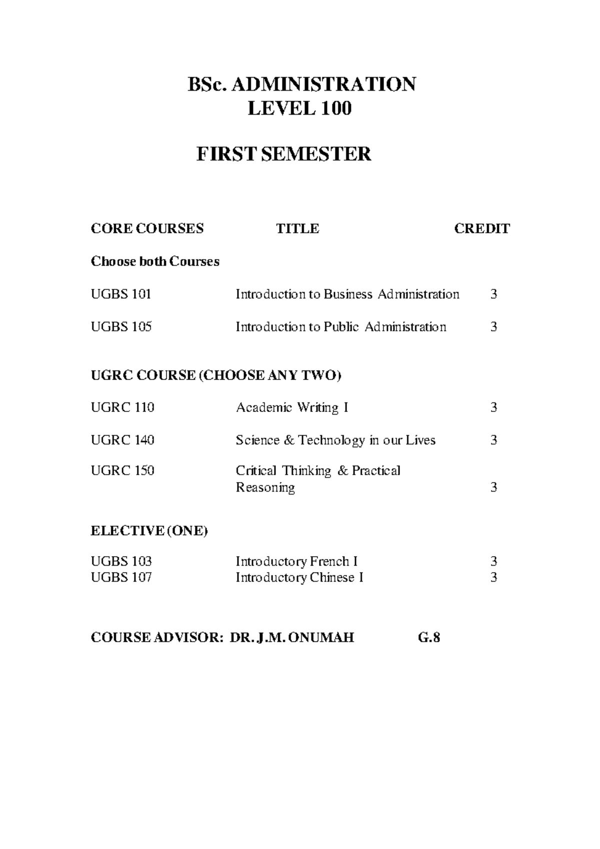 ALL UGBS Courses - BSc. ADMINISTRATION LEVEL 100 FIRST SEMESTER CORE ...