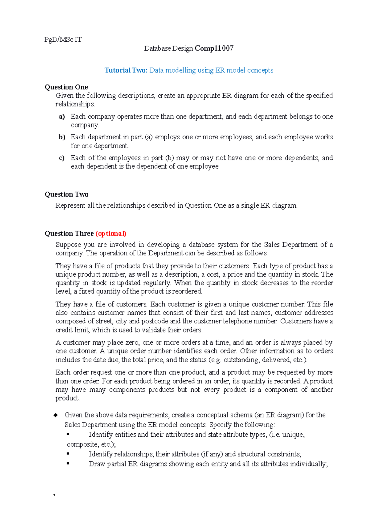 Tutorial 2 Er Modelling 21oct2020 Pgdmsc It Database Design Comp Tutorial Two Data Modelling