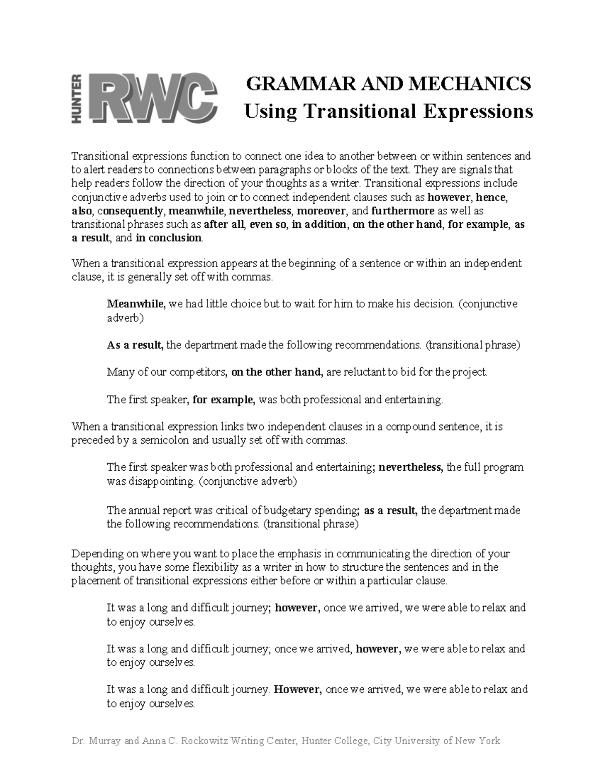 Using Transitional Expressions - GRAMMAR AND MECHANICS Using ...
