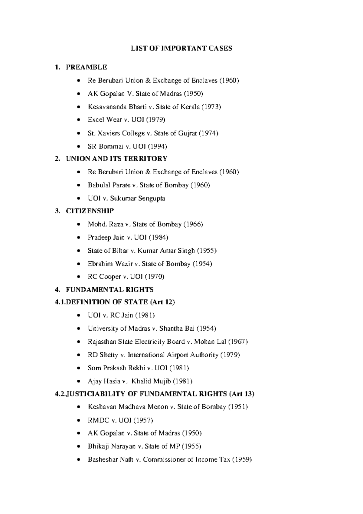 LIST OF Important Cases - LIST OF IMPORTANT CASES 1. PREAMBLE Re ...