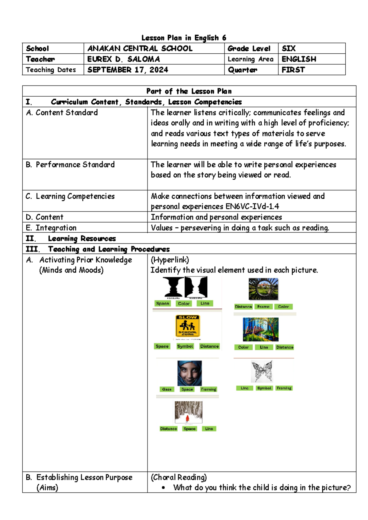 Daily Lesson in English 6 1st co - Lesson Plan in English 6 School ...