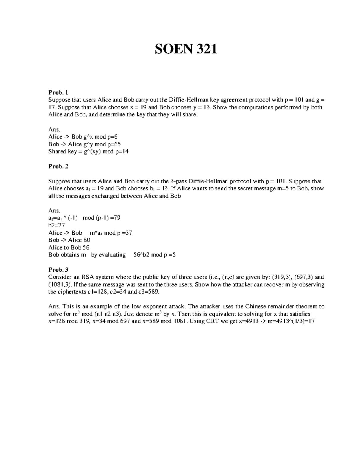 Exercise 3 Solutions - exam - SOEN 321 Prob. 1 Suppose that users Alice ...
