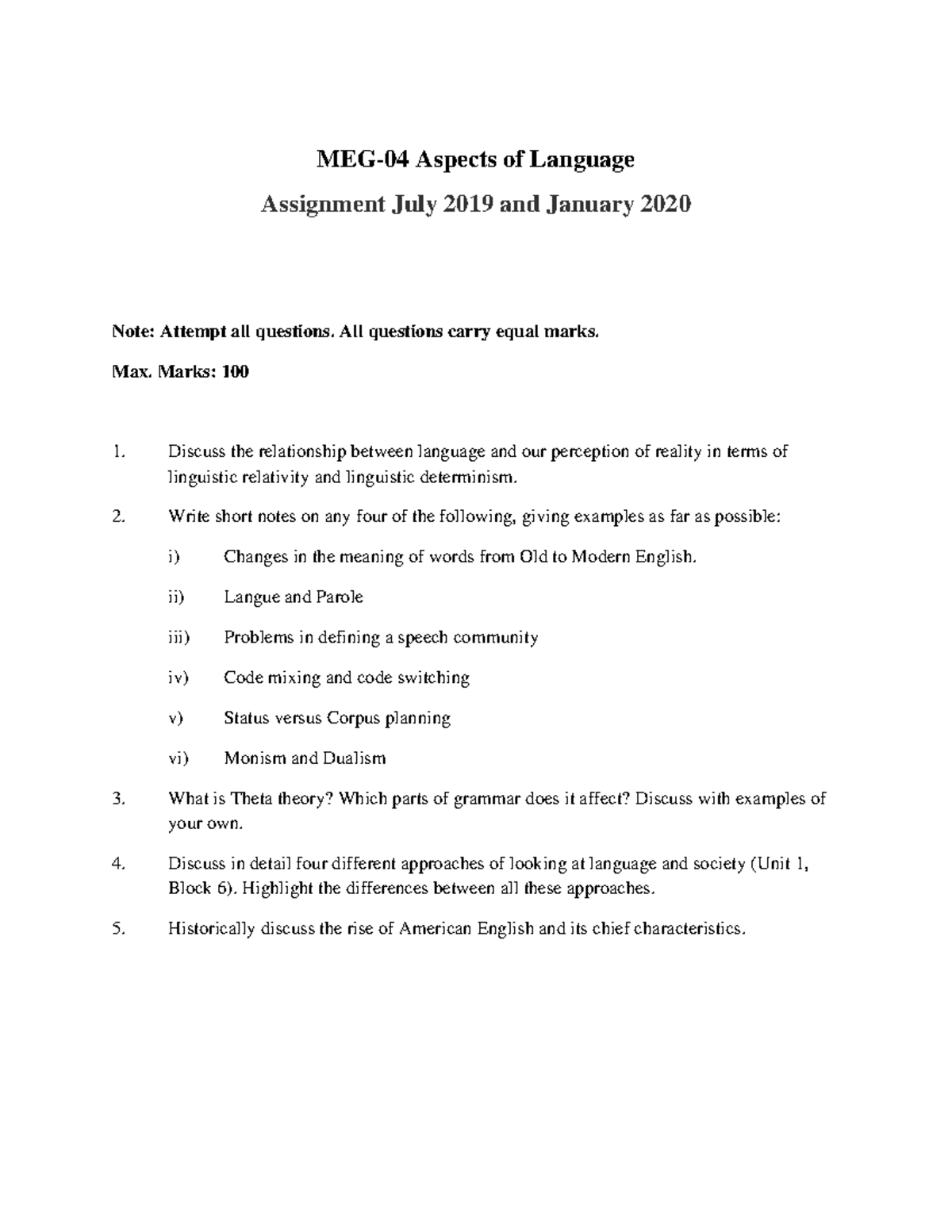 MEG-4 assignment 2019-2020 - MEG-04 Aspects of Language Assignment July 2019 and January 2020 ...