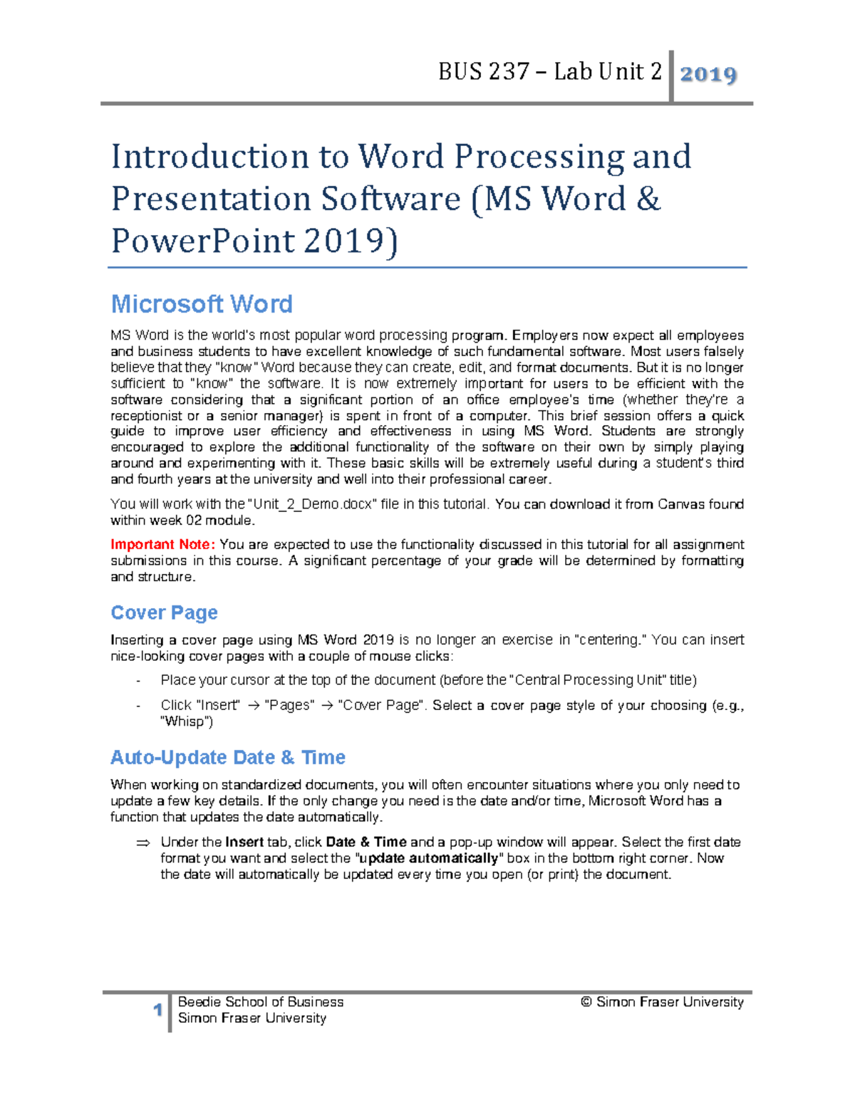 Unit02 MS Word And Power Point - 1 Beedie School of Business © Simon ...