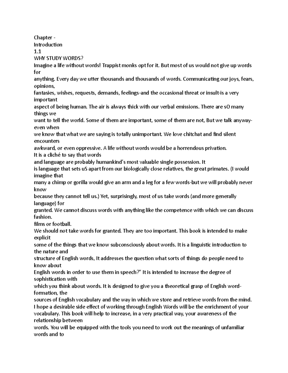 Chapter - note - Chapter - Introduction 1. WHY STUDY WORDS? Imagine a life without words ...