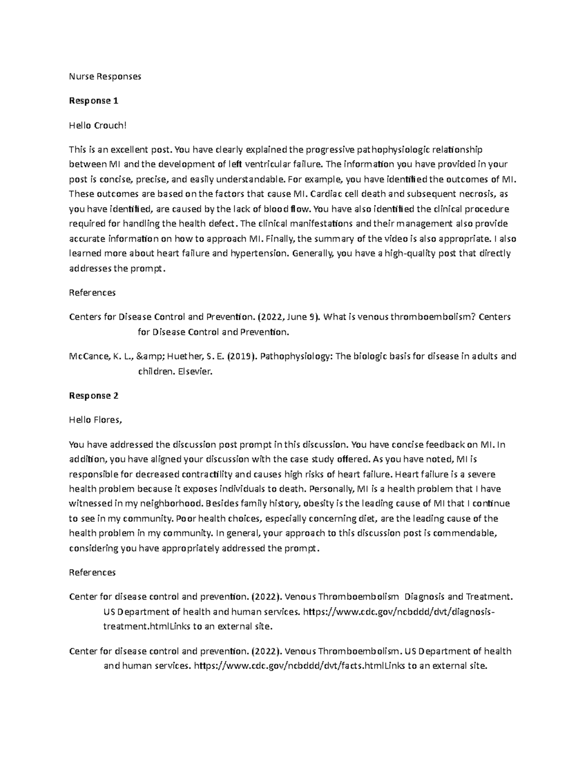 Nurse Responses - nursing - Nurse Responses Response 1 Hello Crouch ...