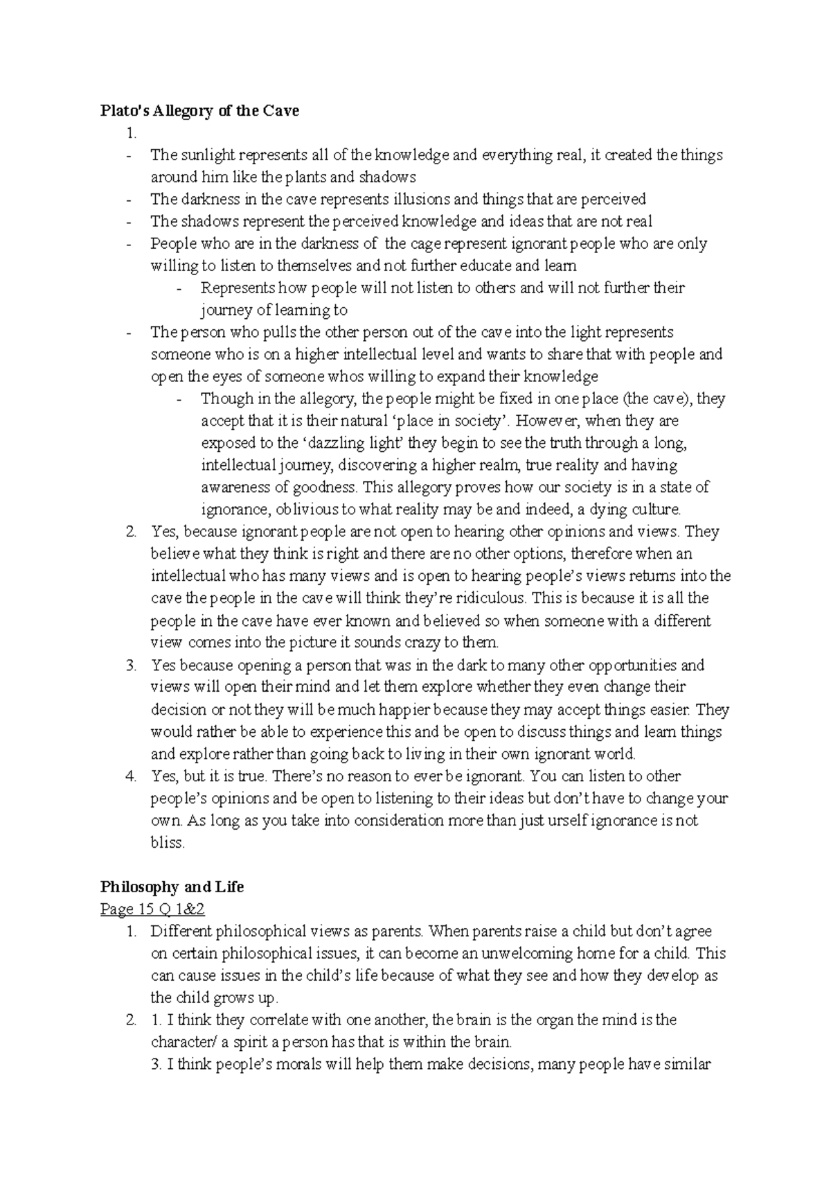 Philosophy notes and questions chapter 1-12 - Plato's Allegory of the ...