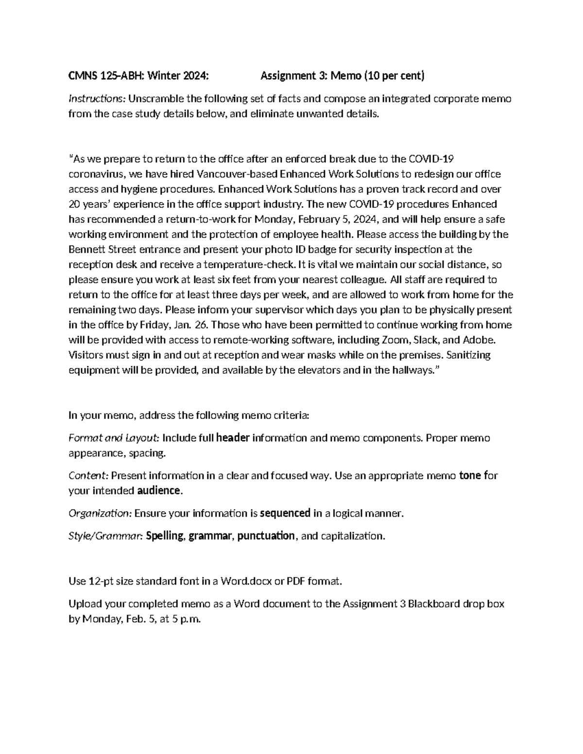 ABH.Assignment 3.Memo.Winter 2024 - CMNS 125-ABH: Winter 2024: Assignment 3: Memo (10 per cent ...
