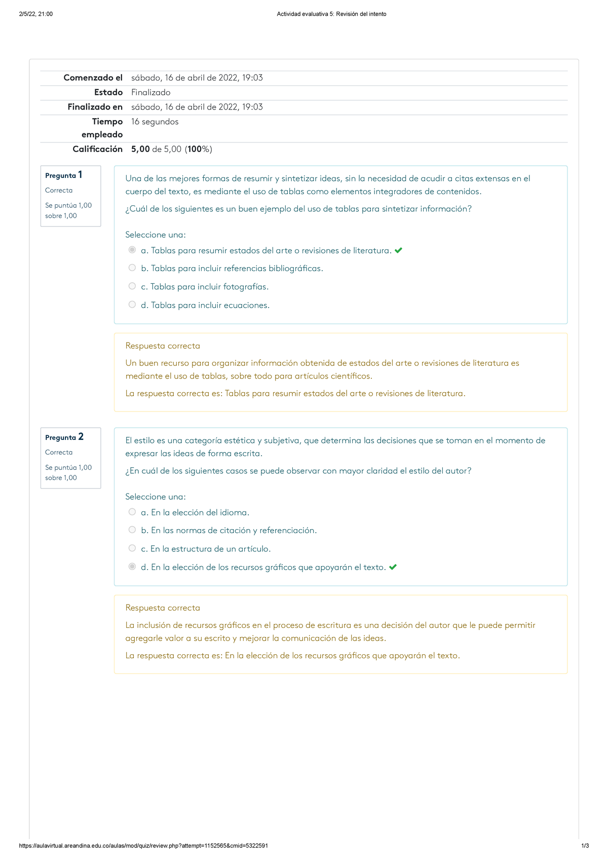 Actividad evaluativa 5 Revisión del intento 7 - 2/5/22, 21:00 Actividad evaluativa 5: Revisión ...