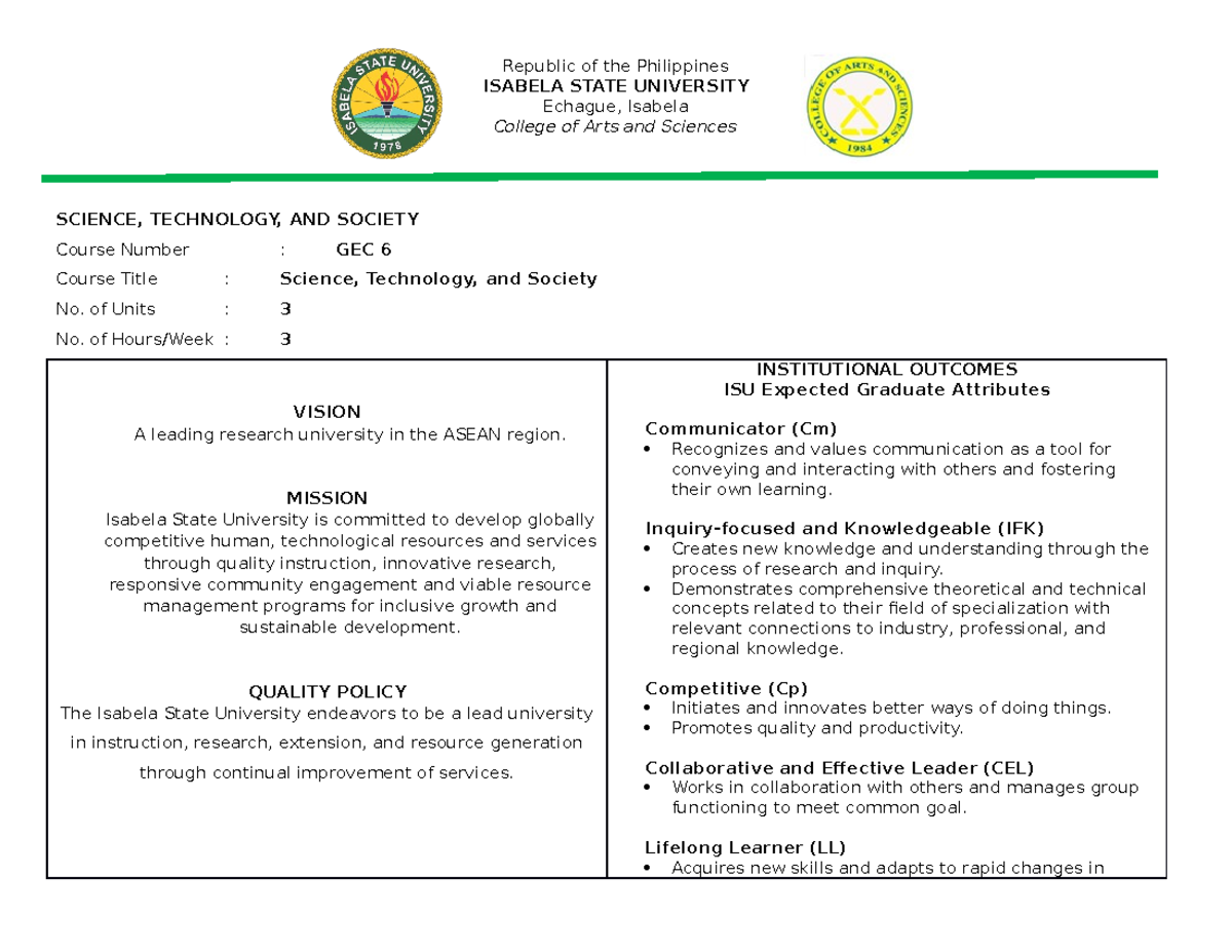 Course Syllabus - Intro to STS - Republic of the Philippines ISABELA STATE UNIVERSITY Echague ...