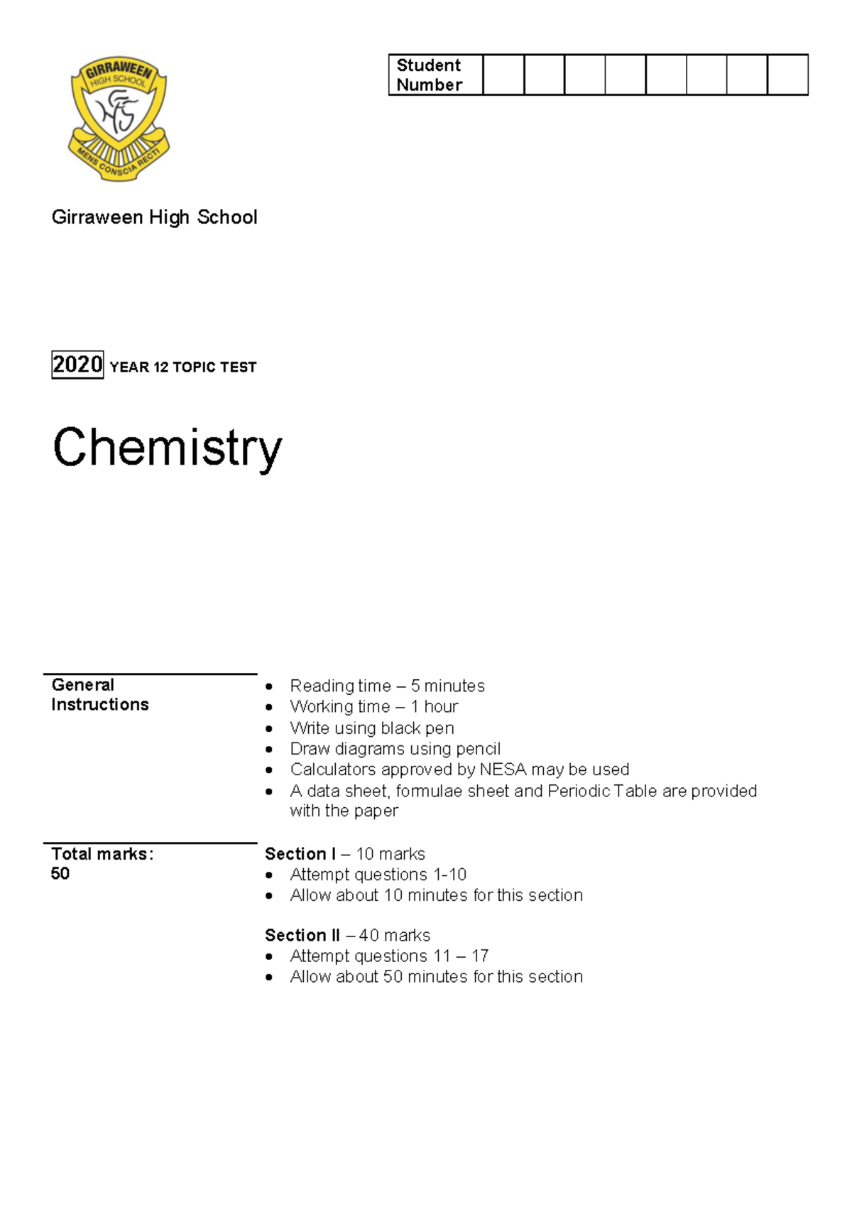 Mod 5 Chem Topic Test - Practice Test For Chemistry - Girraween High ...