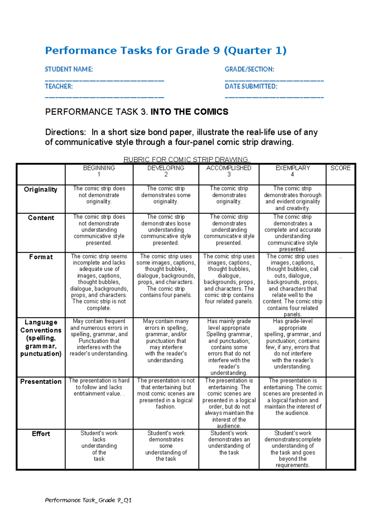 542434049 Performance Tasks for Grade 9 Comic Strip - Performance Tasks ...