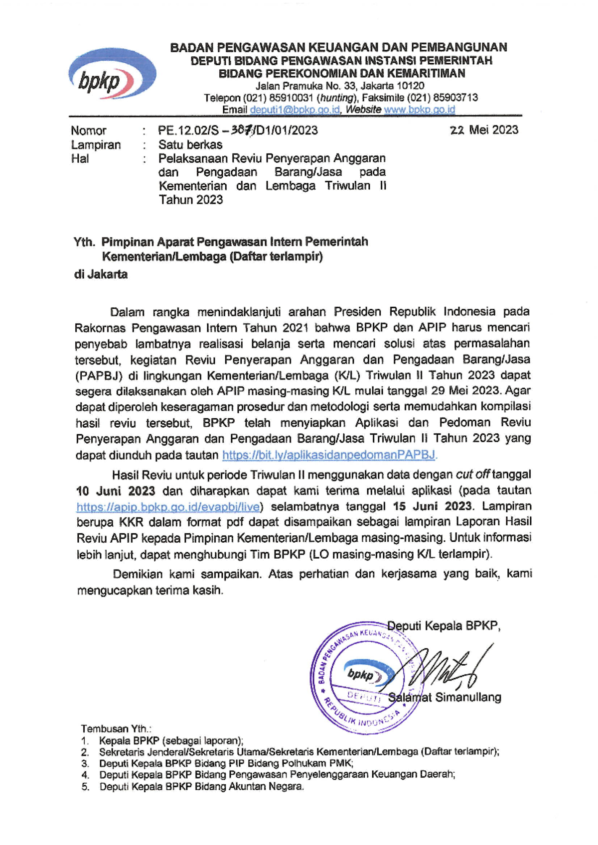 3. Surat Deputi Pelaksanaan Papbj TW II - Auditing II - Studocu