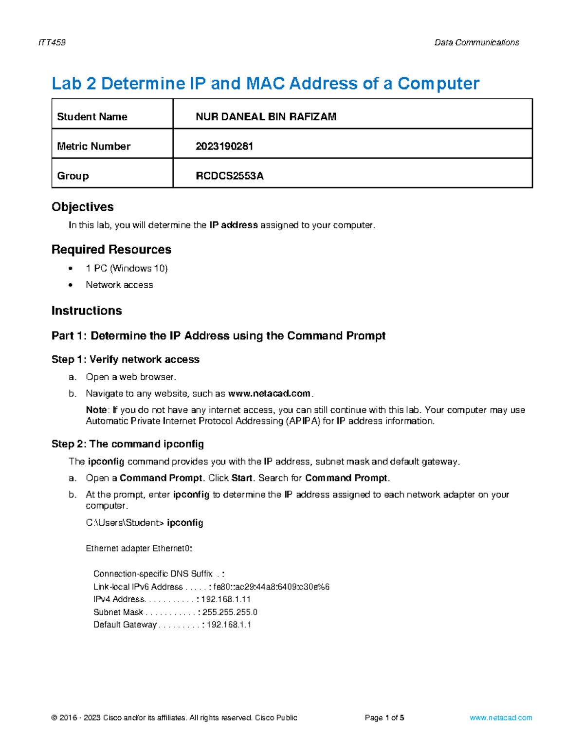 Lab 2- Determine IP Address Configuration of a Computer( NUR Daneal BIN Rafizam ) - ITT459 Data ...