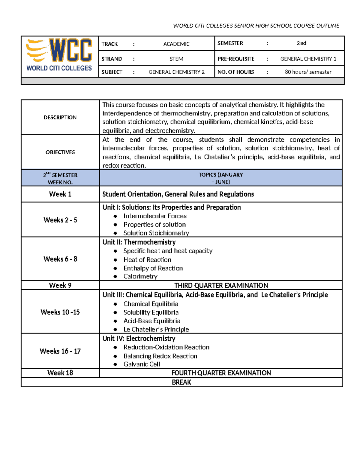 General Chemistry 2 Course Outline 2023 2024 - WORLD CITI COLLEGES ...