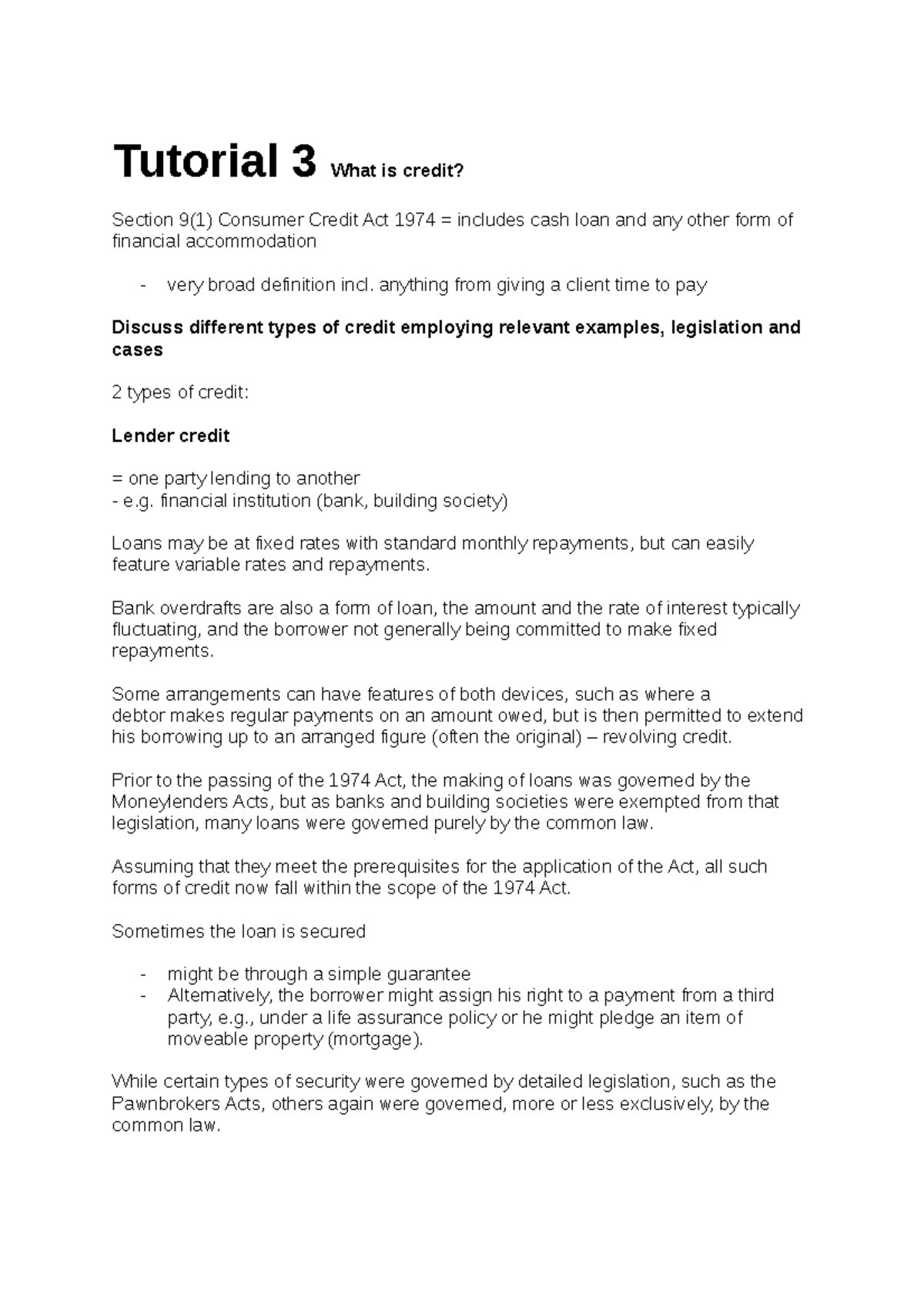 Tutorial 3 What is credit - Tutorial 3 What is credit? Section 9(1 ...