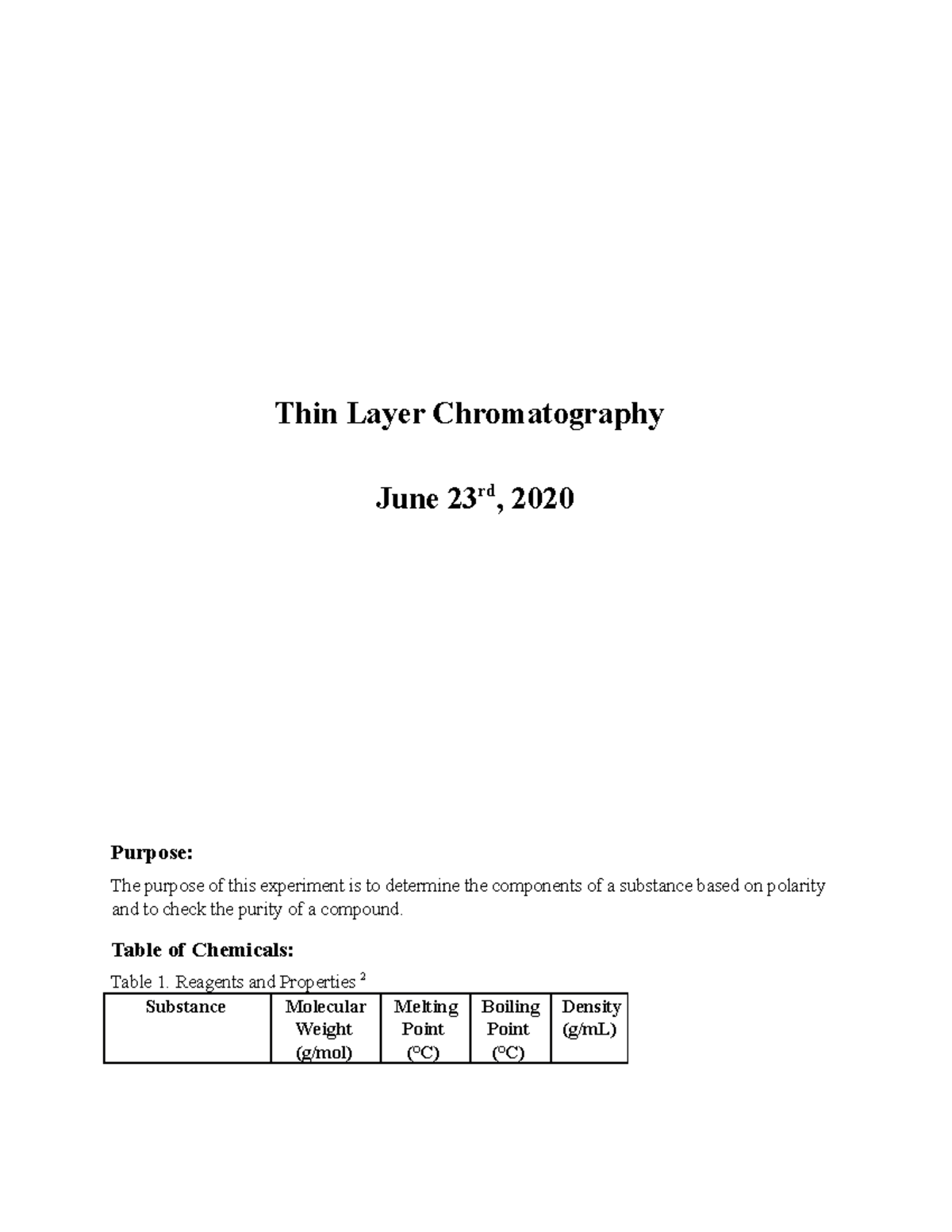 TLC - lab report - Thin Layer Chromatography June 23 rd , 2020 Purpose ...