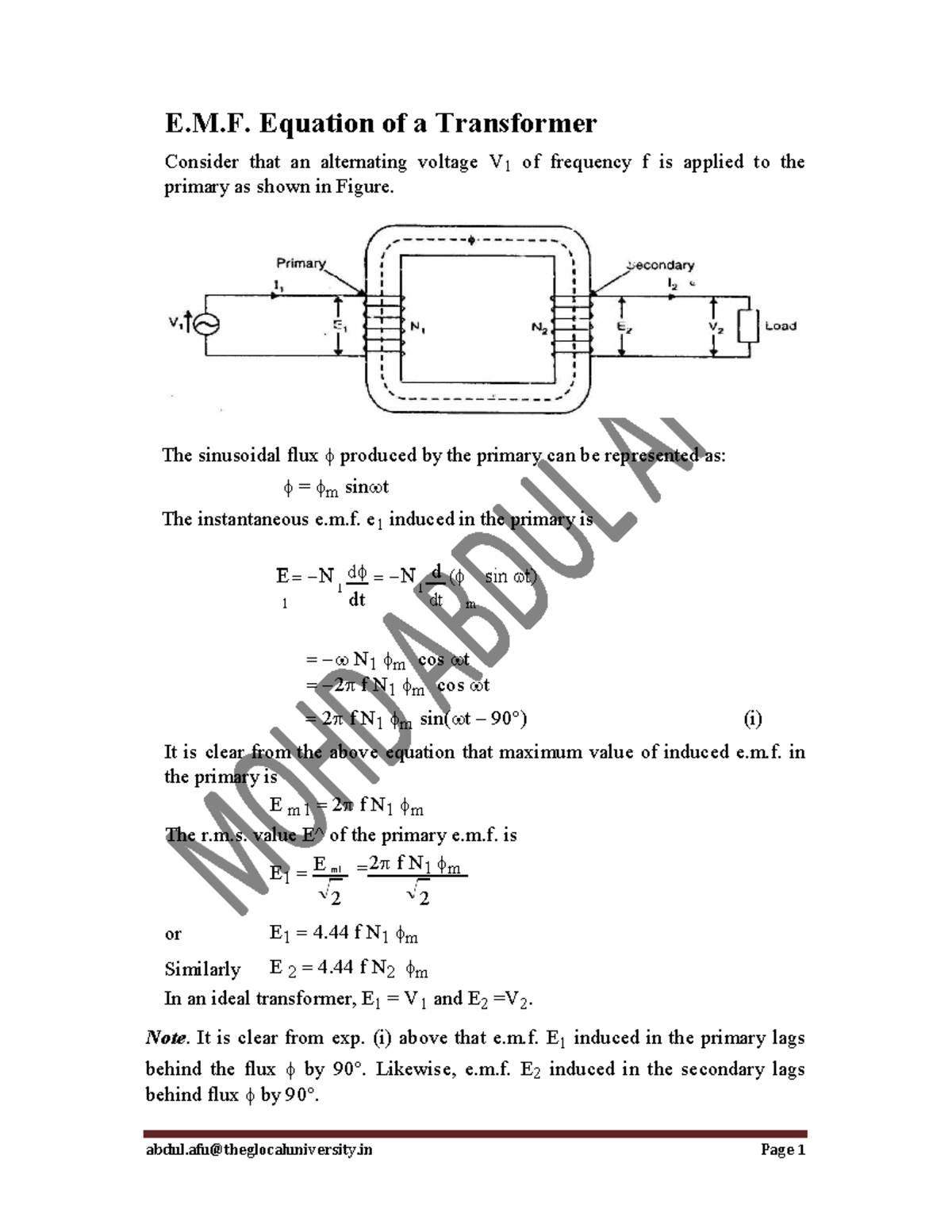 Emf Equation Of Transformers Abdul theglocaluniversity Page 1 E M