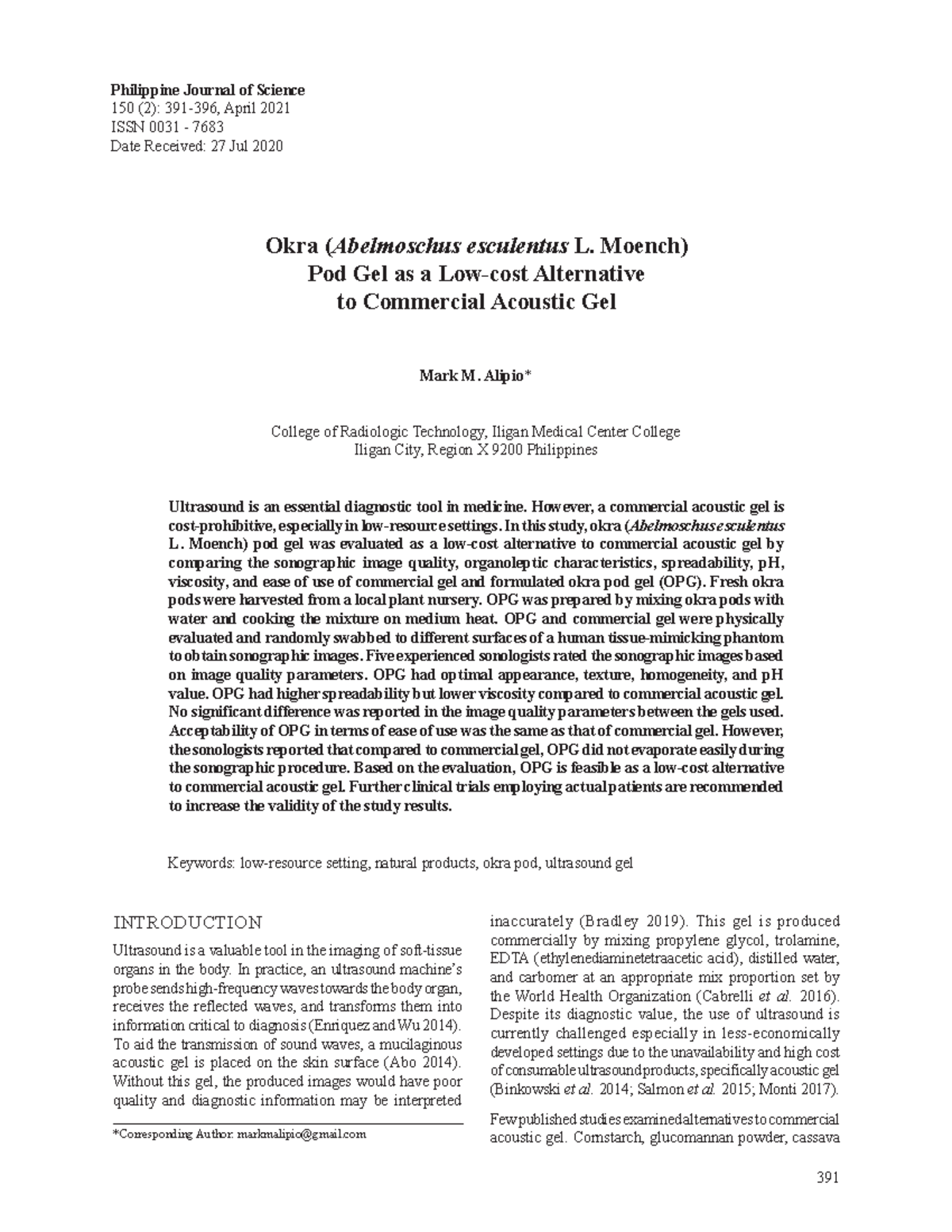 Okra pod gel as a low cost alternative gel - Mark M. Alipio* College of ...