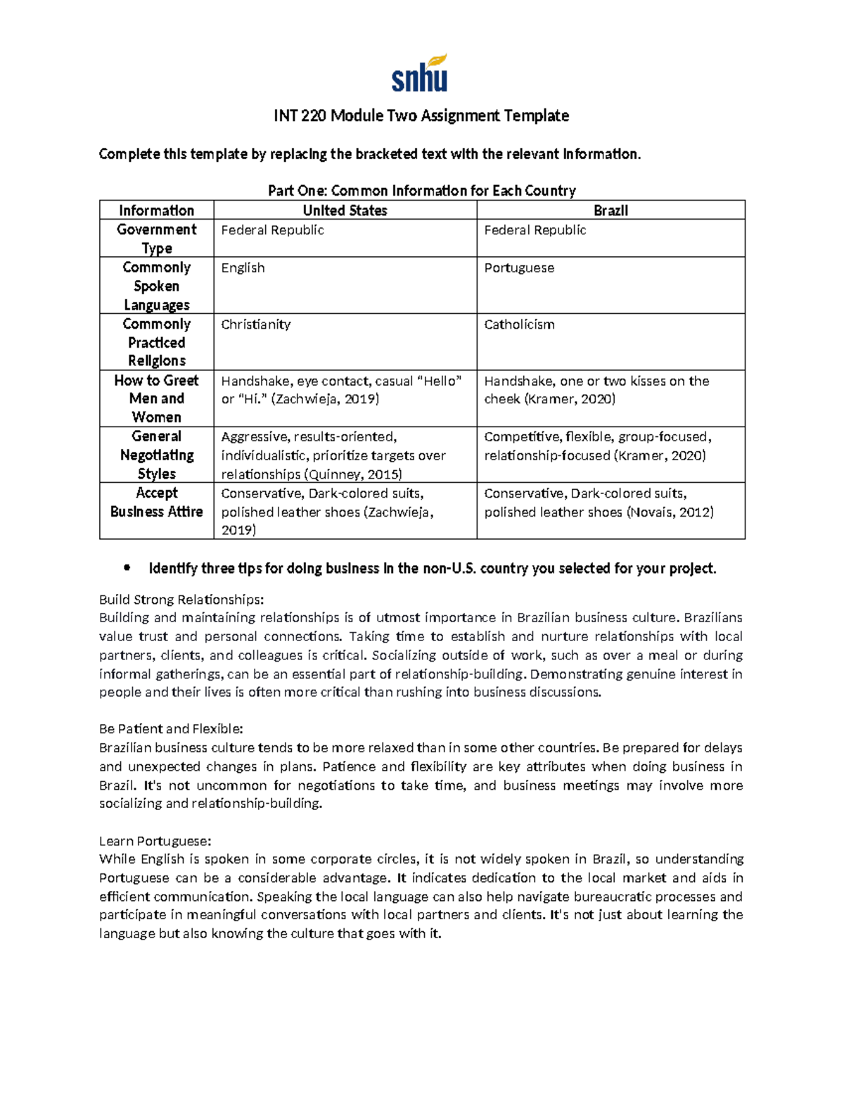 2-2 Assignment Cultural Comparisons - INT 220 Module Two Assignment Template Complete this ...