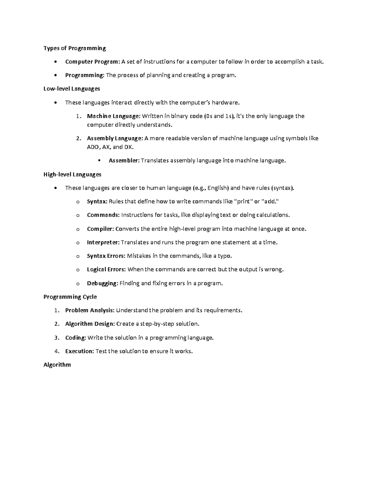 Basics of Programming - lesson and activitives - Types of Programming - Computer Program: A set ...