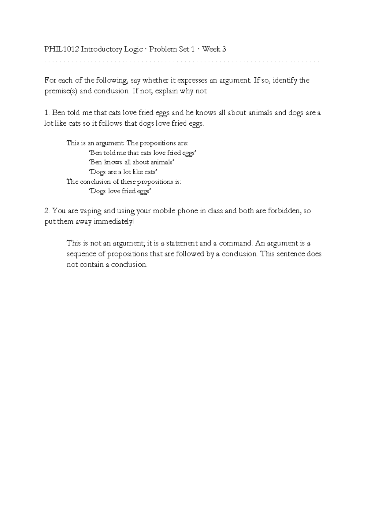 Logic Problem Questions 1 - PHIL1012 Introductory Logic · Problem Set 1 · Week 3 - Studocu