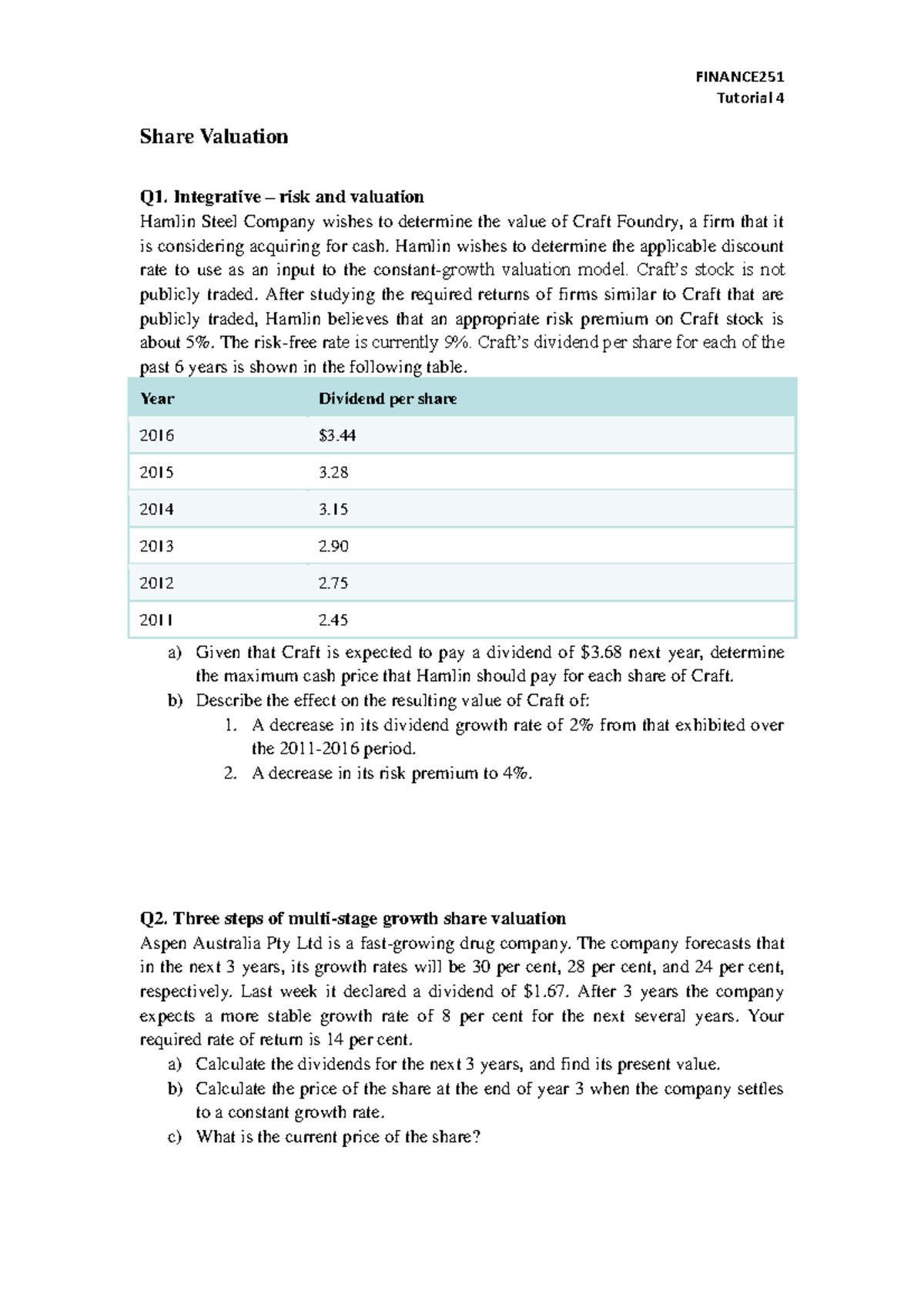 Tutorial 4 (Topic 4b Valuation of Securities - Share Valuation ...