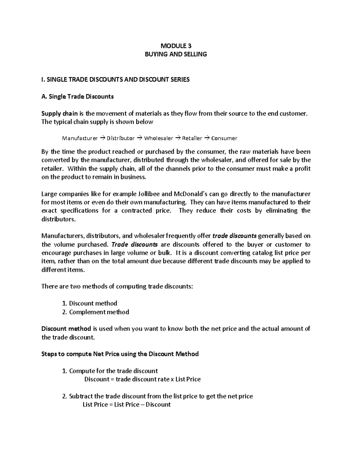 Module 3 - Business math - MODULE 3 BUYING AND SELLING I. SINGLE TRADE ...