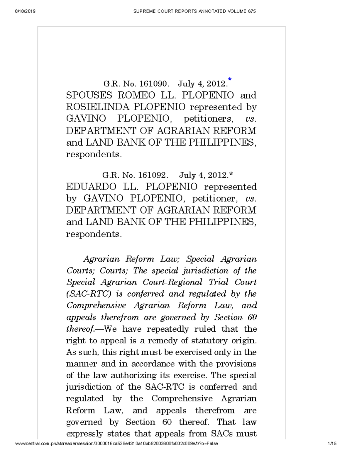 Plopenio-VS-DAR - Case Digest - G. No. 161090. July 4, 2012. * SPOUSES ...