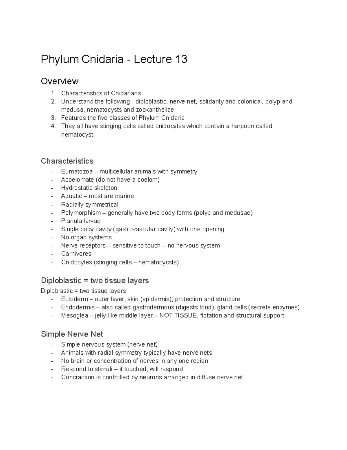 Phylum Cnidaria - Lecture 13 - Characteristics Eumatozoa ...