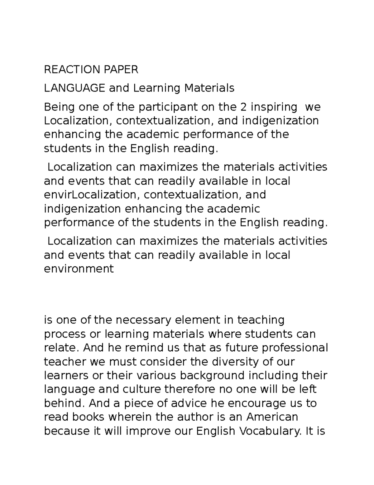 Language Materials - Reaction paper - REACTION PAPER LANGUAGE and ...