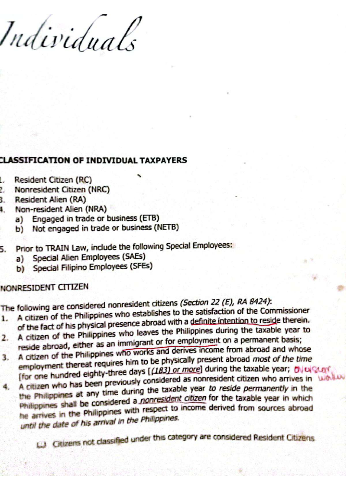 Taxation individual taxpayer - Individuals CLASSIFICATION OF INDIVIDUAL ...