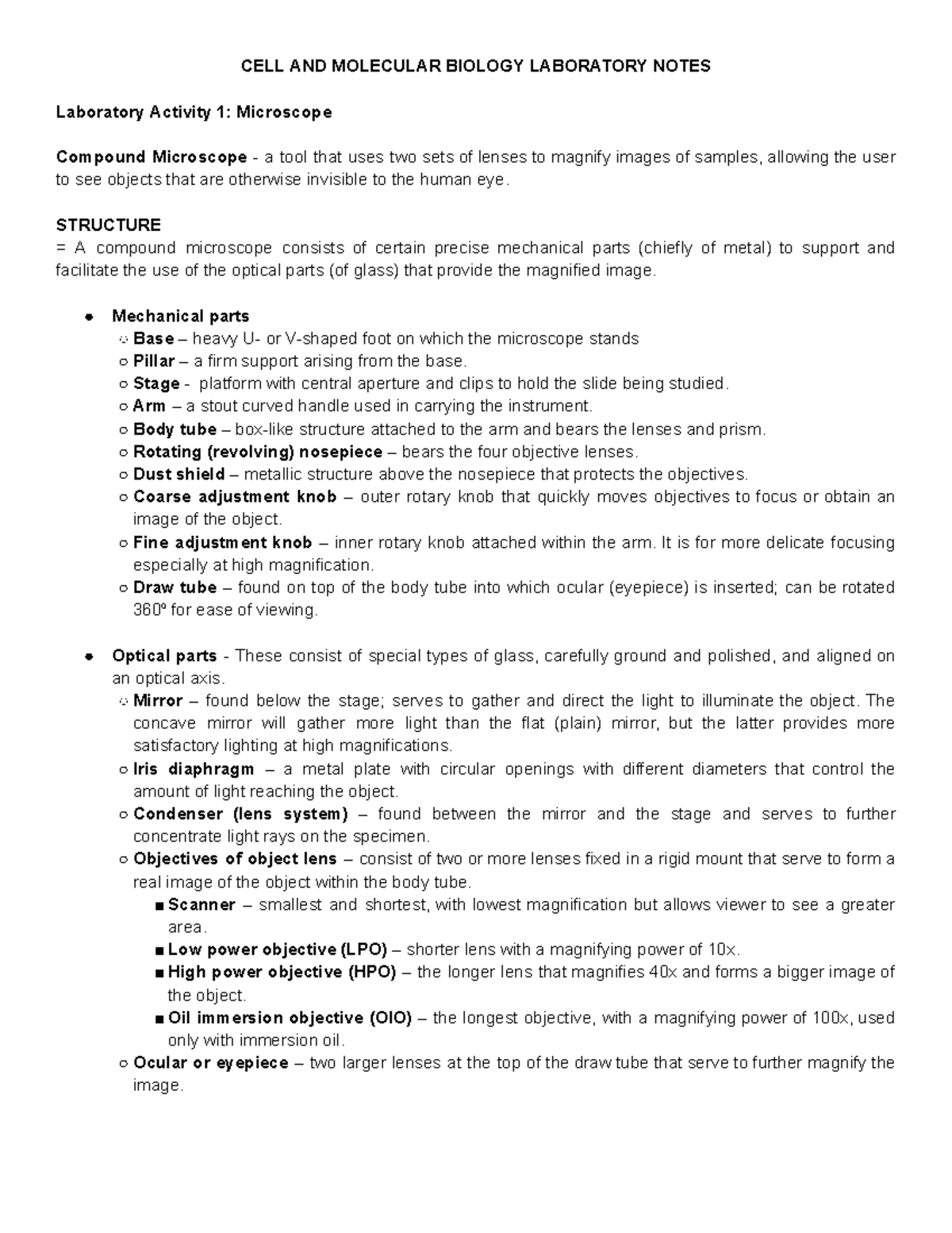 Cell Mol Lab-Notes - Notes for Cellular and molecular biology - CELL ...