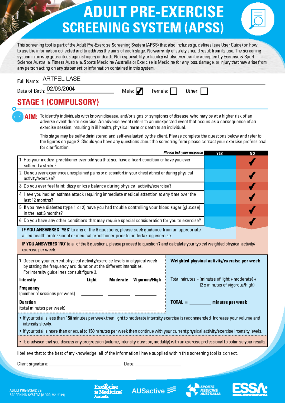 Adult Pre Screening Tool 2021 - ADULT PRE-EXERCISE Describe your ...