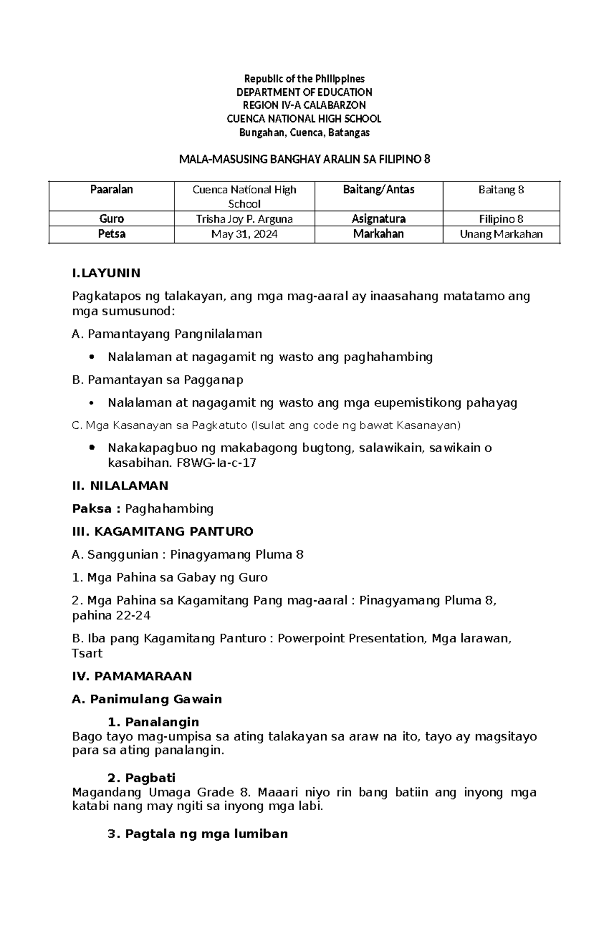 Lesson Plan for JHS - Republic of the Philippines DEPARTMENT OF ...