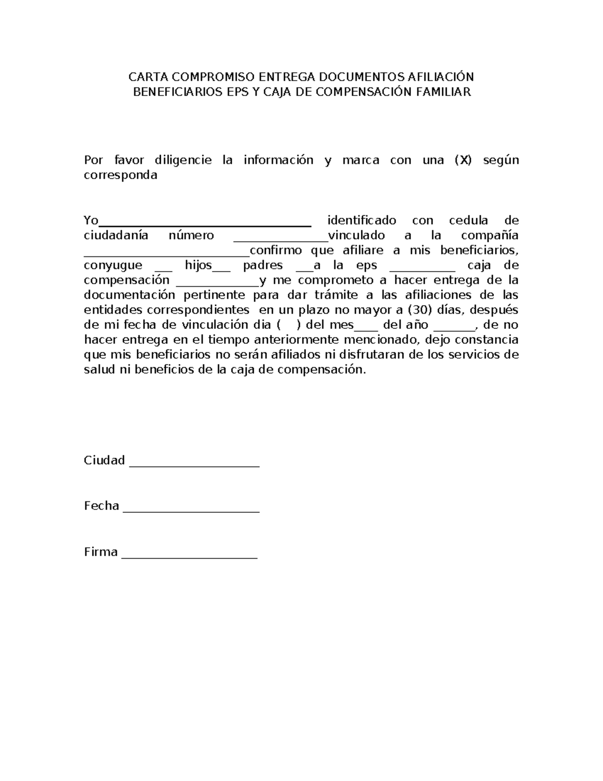 Carta Compromiso Entrega Documentos Afiliacion Beneficiarios - CARTA ...