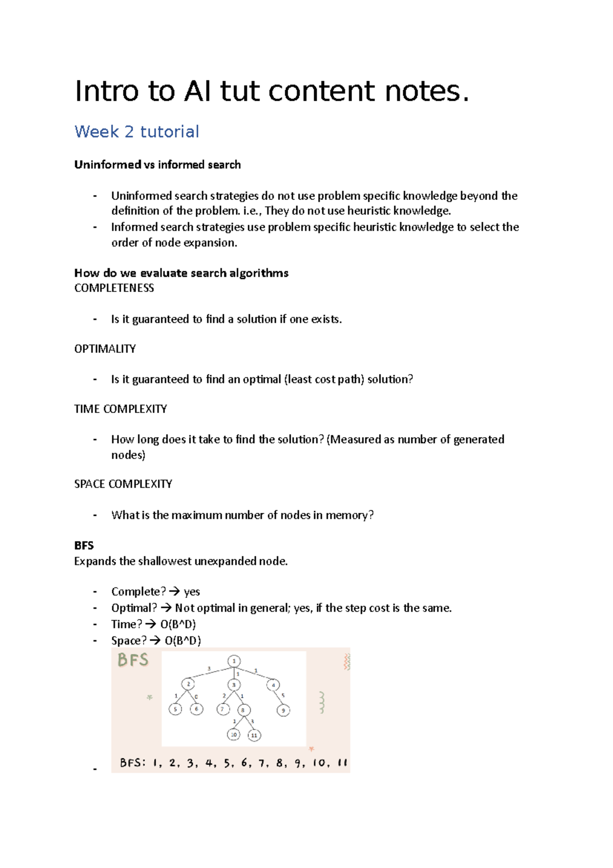 Intro to AI tut content notes - Week 2 tutorial Uninformed vs informed ...