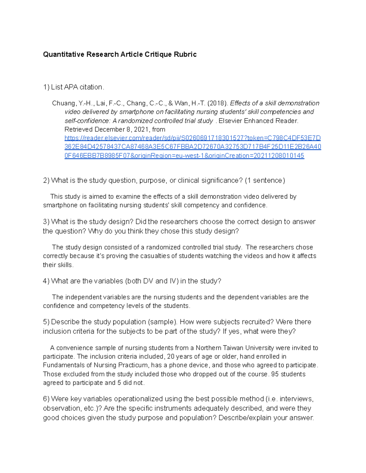 Quantitative 228 - Quantitative Research Article Critique Rubric 1 ...