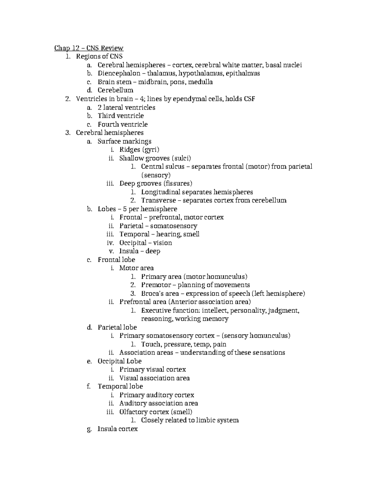 Chap 12 – CNS Review - Tagged - Chap 12 – CNS Review 1. Regions of CNS ...