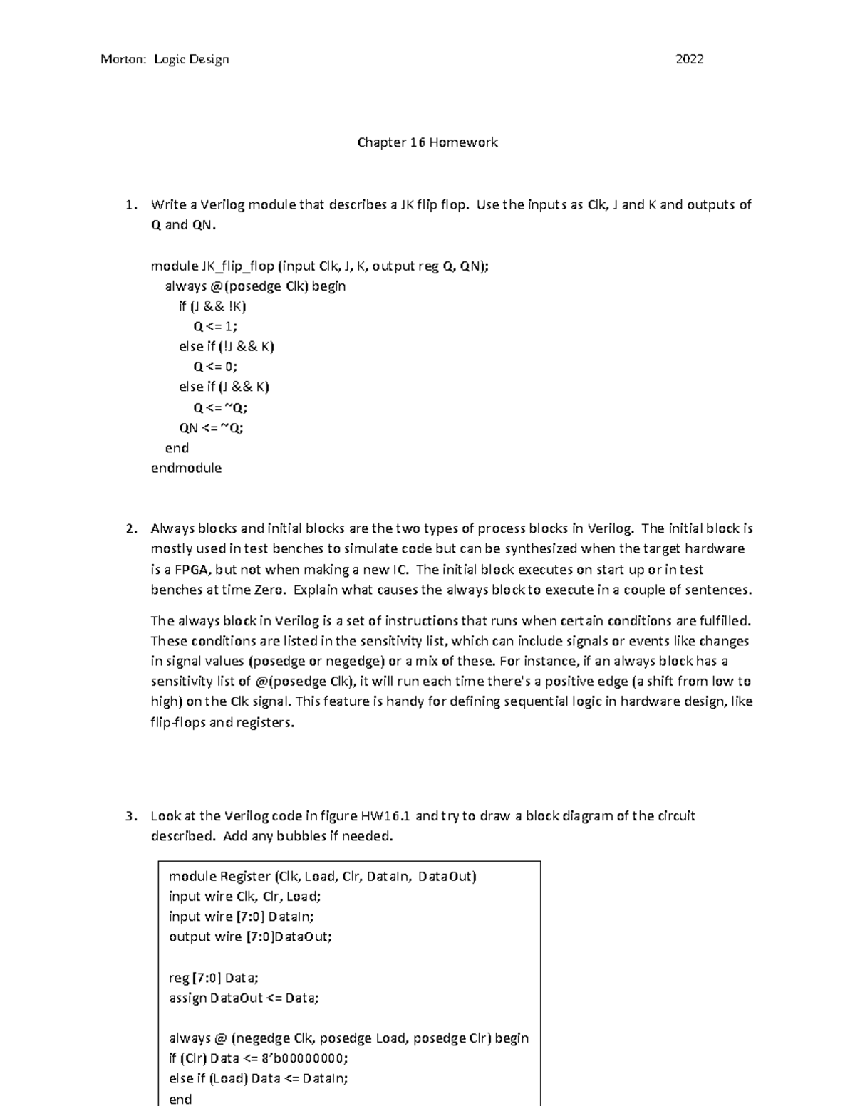 Homework 16EE - Chapter 16 Homework Write a Verilog module that ...