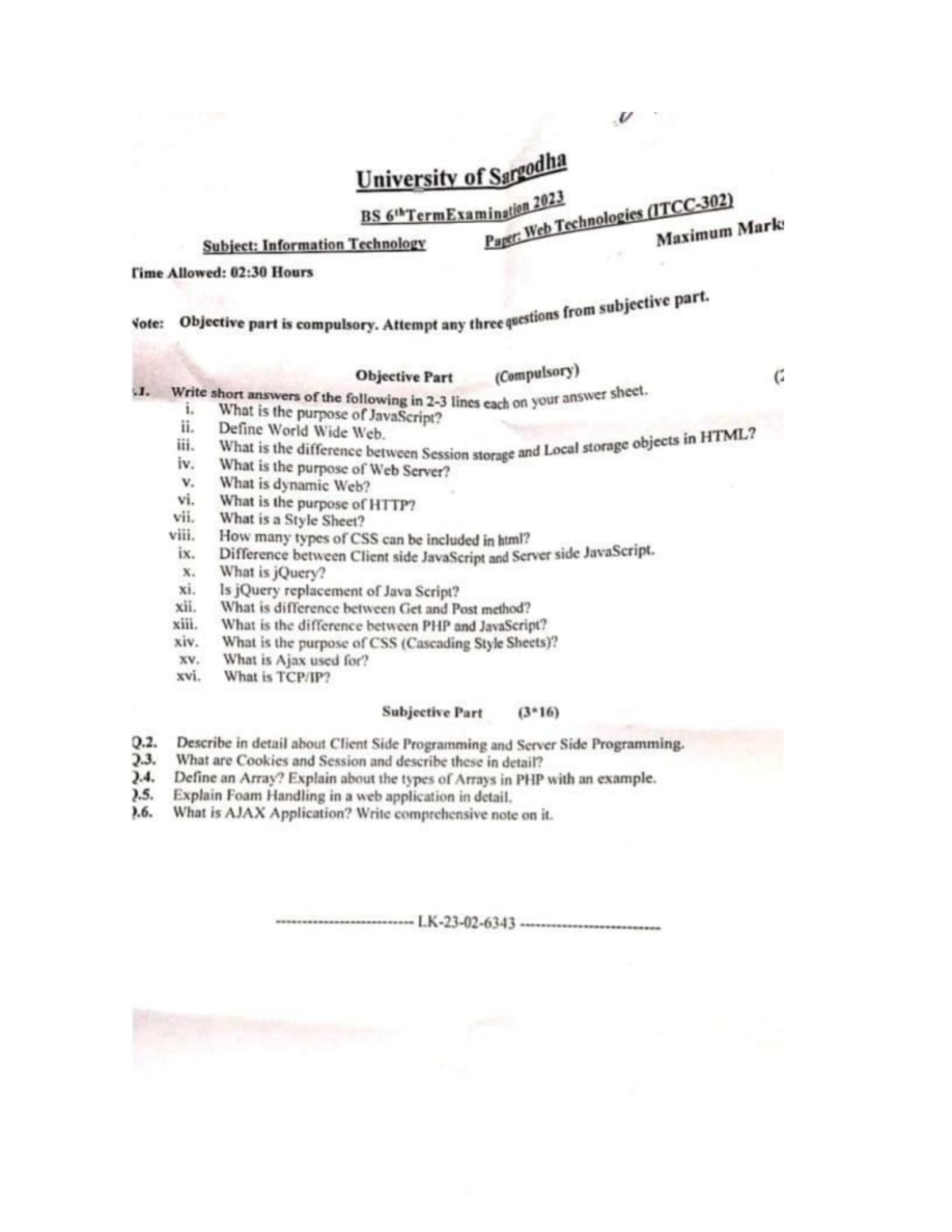 Web IT sol 2023 - Past papers - OBJECTIVE PART SHORT QUESTIONS i. WHAT ...