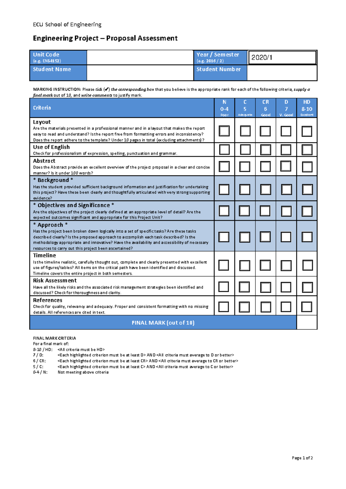 Project Marking Sheet - Proposal v6 (Electronic) - ECU School of ...