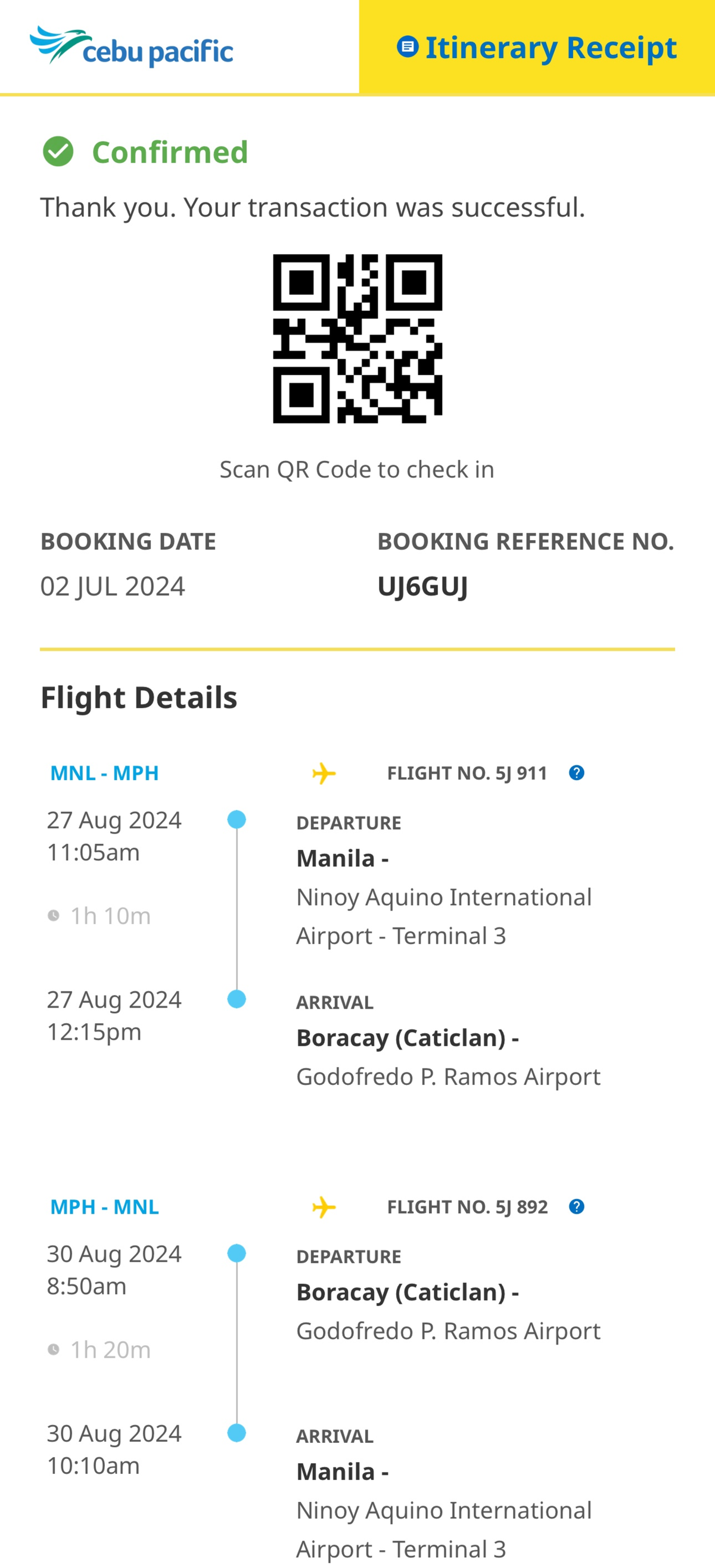 UJ6GUJ Cebupacific 07022024 - cebu pacific O Itinerary Receipt ...