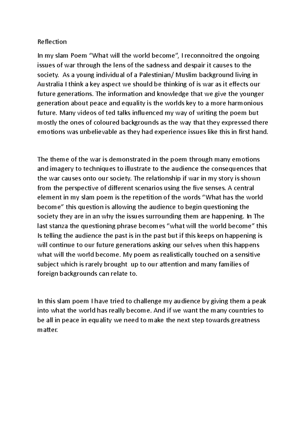 english Reflection sample year 10 ..... - Reflection In my slam Poem ...