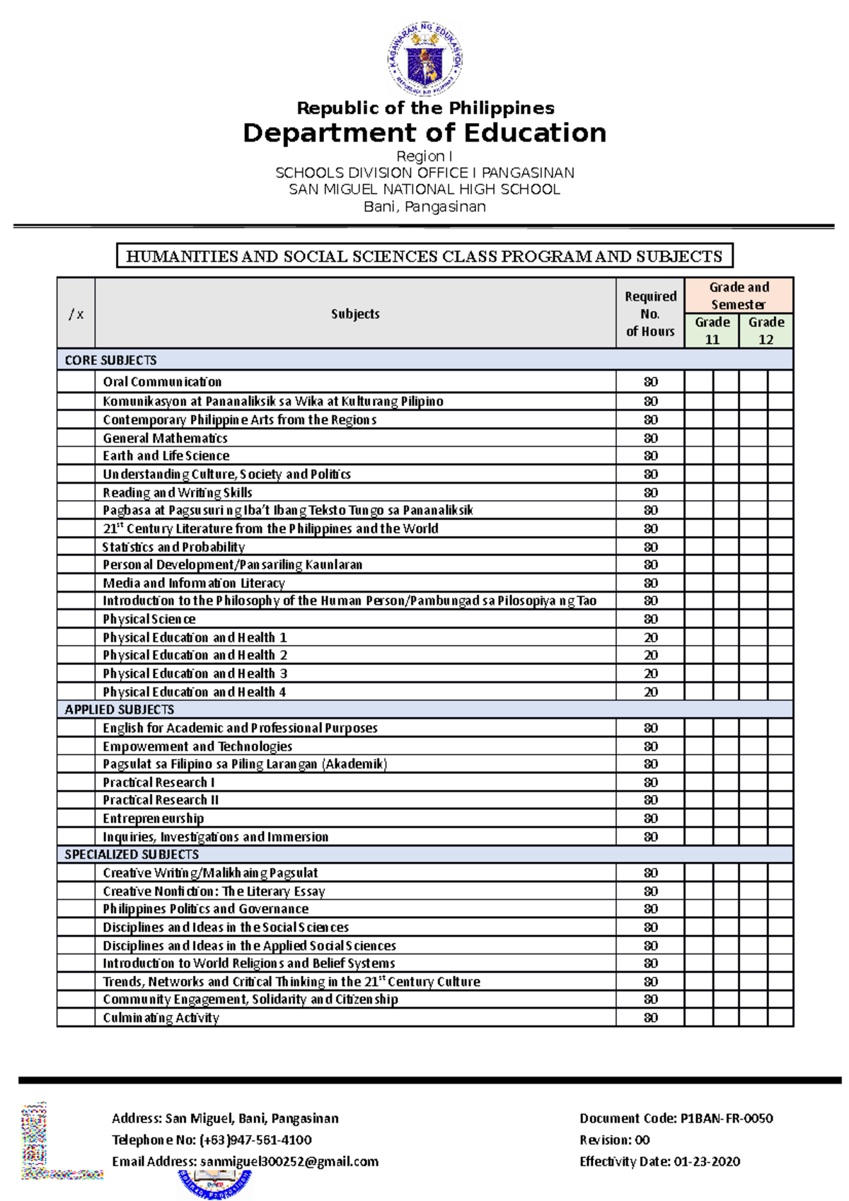Humanities AND Social Sciences Class Program AND Subjects - Republic of ...