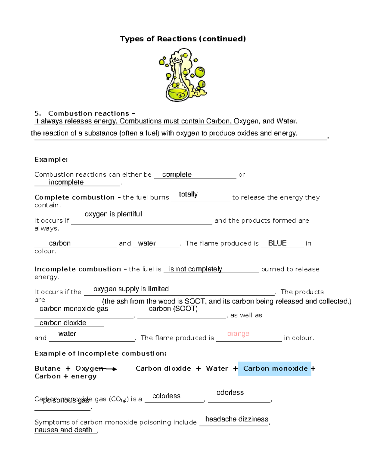 Combustion reactions FIB - Types of Reactions (continued) 5. Combustion ...