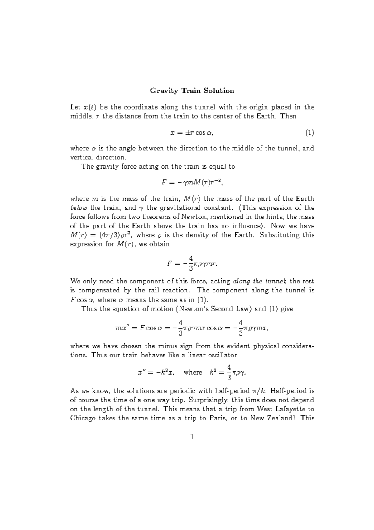 Gravsol - Gravity problem, center of earth - Gravity Train Solution Let ...