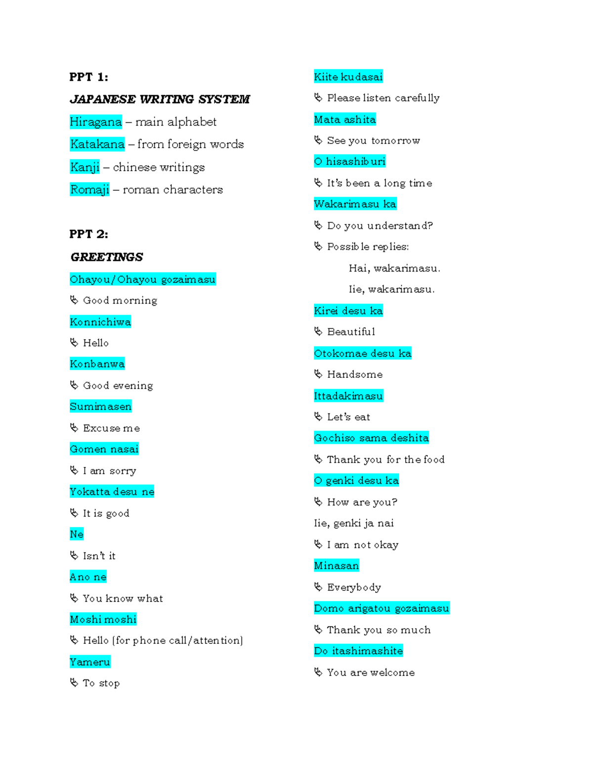 Basic Nihongo Notes Summary - PPT 1: JAPANESE WRITING SYSTEM Hiragana ...
