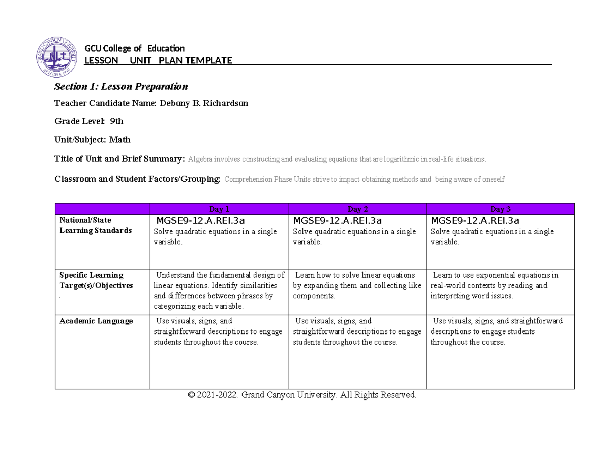 3-day unit plan template - Section 1: Lesson Preparation Teacher ...